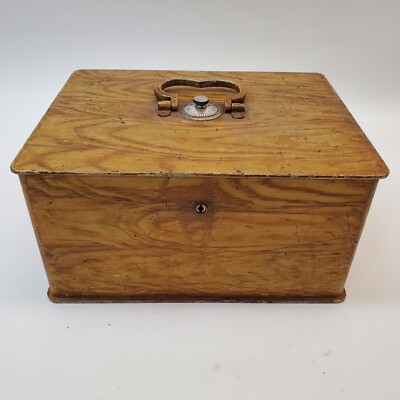 Antique Metal Lock Box Trade Safe Deposit Box Heavy Faux Wood ~32 lb 12 ...