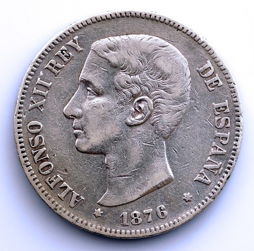 Variante S.C. " Ear Striped " Alfonso XII 5 Pesetas 1876 **Madrid ...