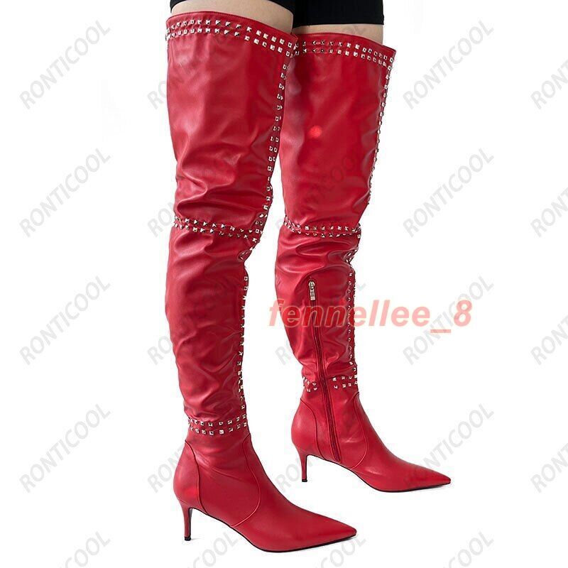 Women Winter Thigh Boots Studded Stiletto Heels Pointed Toe Red Banquet ...