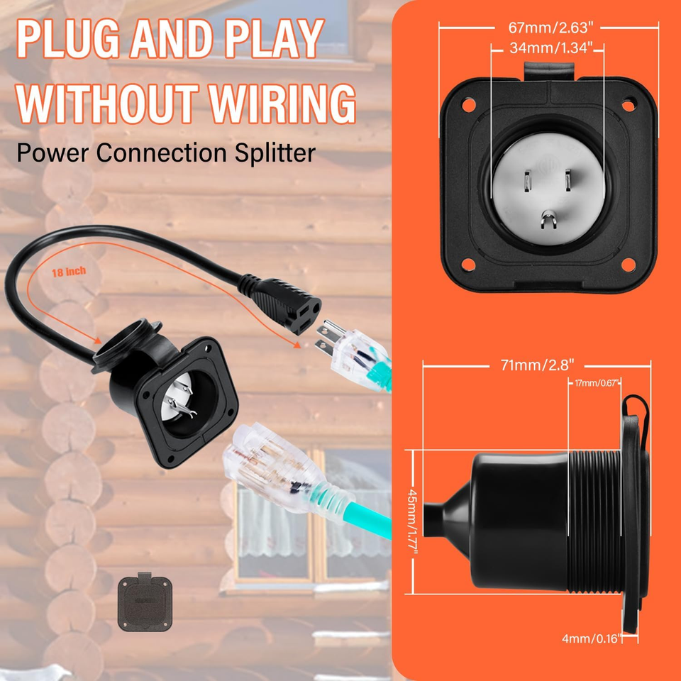 15 Amp 125V AC Power Inlet Port Plug with Integrated 18" Extension Cord ...