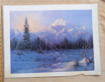 Tok Hwang 1989 Print Snowy Mountain & Forest w/sun thru tree 17"x 23" w ...