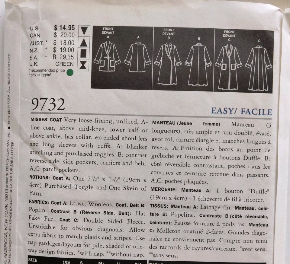 Vintage Vogue Easy Options Misses Coat Pattern Size XS S M 9732 A-Line ...