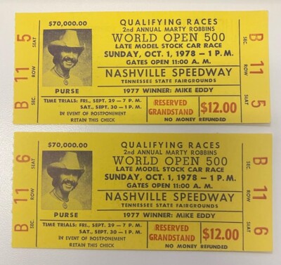 (2) 2nd Annual Marty Robbins World Open 500 Vintage Race Ticket NASCAR ...