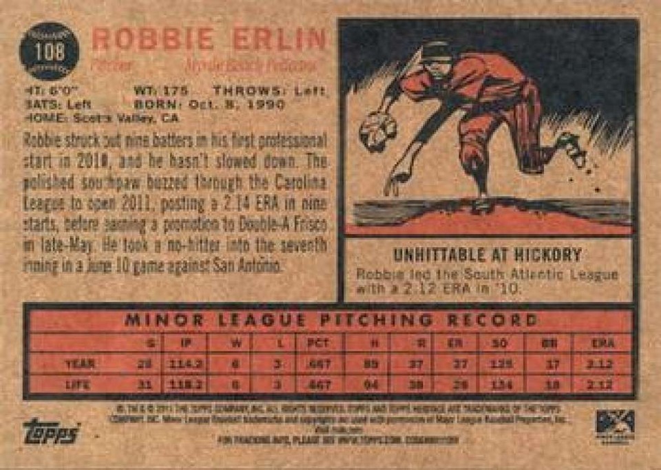 2011 Topps Heritage Minor League #108 Robbie Erlin (Prospect / Rookie ...
