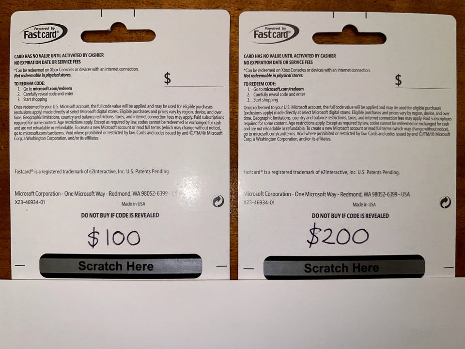 MICROSOFT Gift Cards – valid for Xbox, Surface etc – $300 value – USPS ...