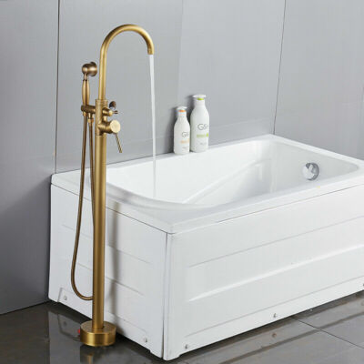 Antique Brass Bathtub Faucet Hand Held Spray Floor Mount Free Standing ...
