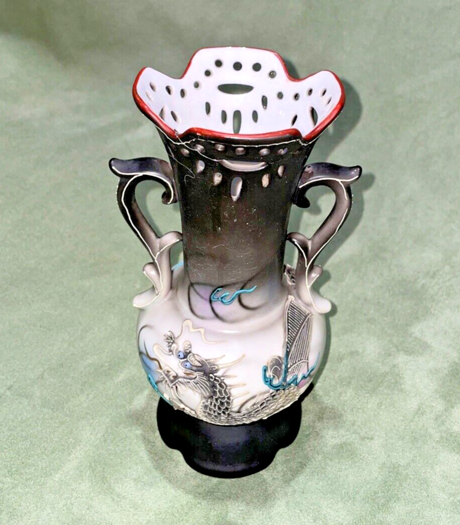 Antique Japanese Moriage Dragonware Vase 8" High Gray With Blue Eye And ...