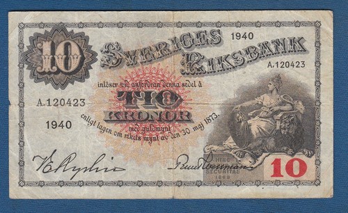Sweden Banknotes, 10 Kronor 1940. SVERIGES RIKSBANK, Tio Kronor, rare ...