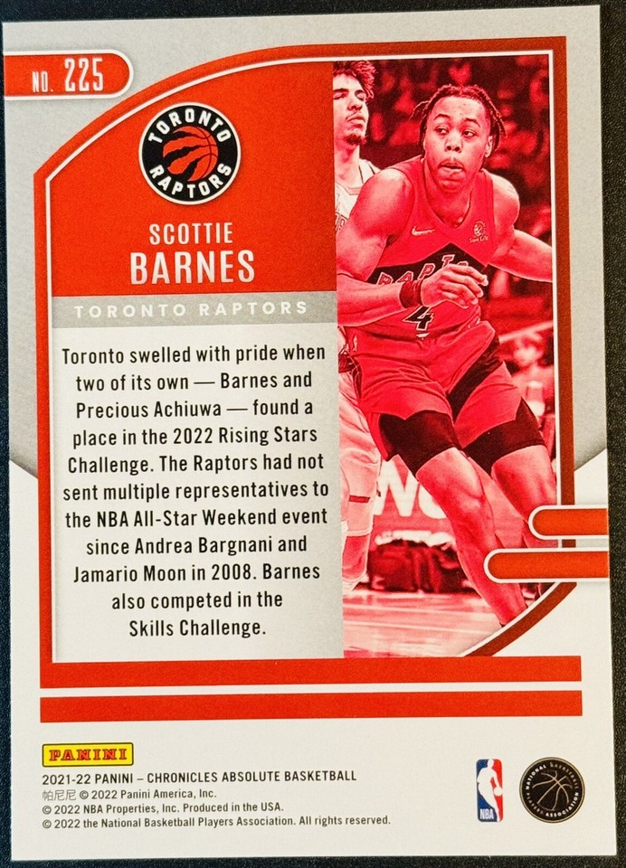 Scottie Barnes RC 2021-22 Panini Chronicles Absolute Memorabilia Rookie ...