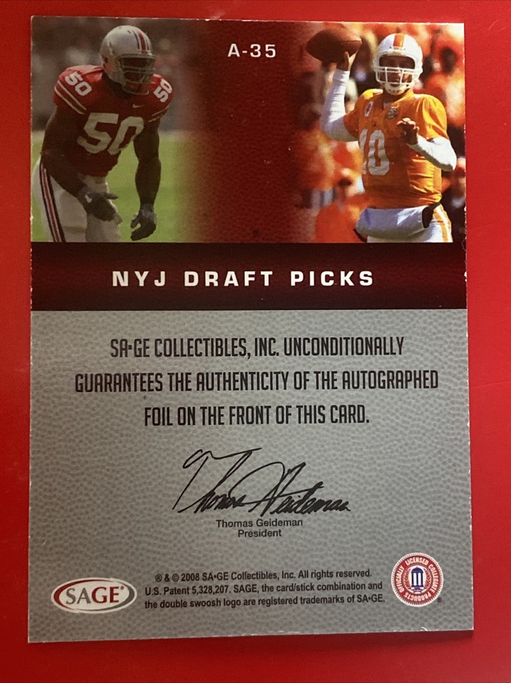 Vernon Gholston Erik Ainge 2008 Sage Dual Auto Autograph New York Jets ...