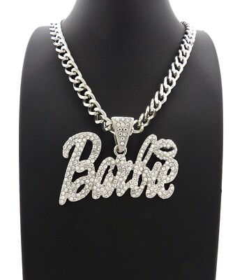 New Barbie Pendant & 9mm 18" Cuban Chain Necklace White Gold Plated* | eBay