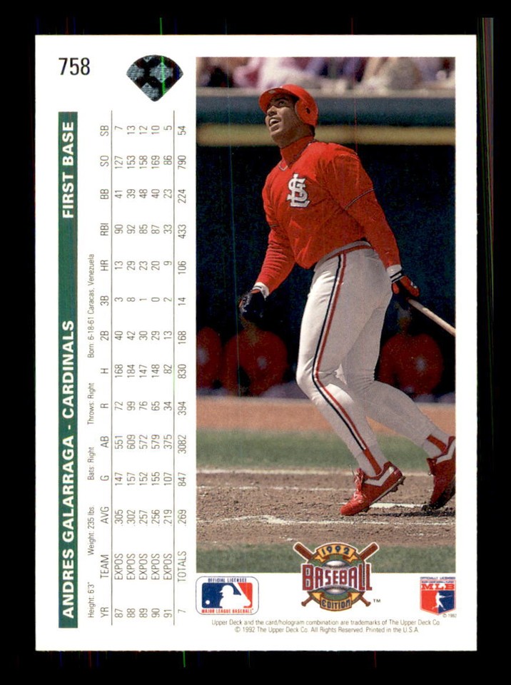 1992 BASEBALL 1992 Upper Deck Andres Galarraga St. Louis Cardinals #758 ...