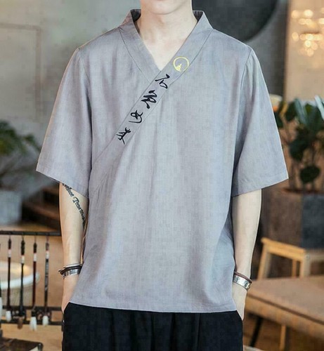 Mens Chinese V-Neck Casual Linen Cotton Short Sleeve Embroidery Shirt ...