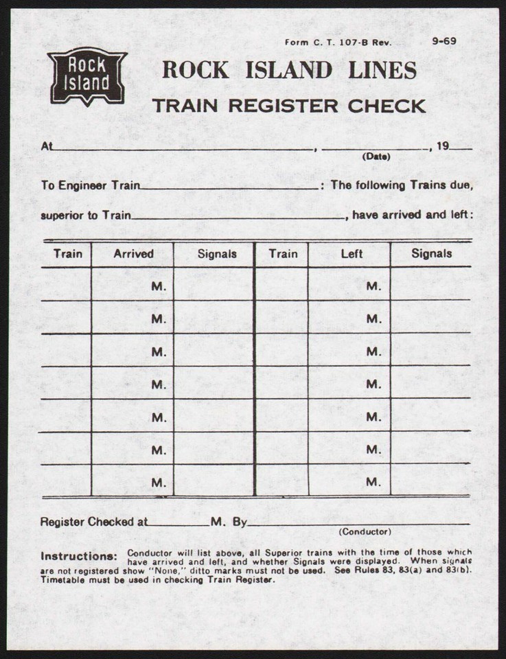 Vintage form ROCK ISLAND LINES railroad Train Register Check new old ...