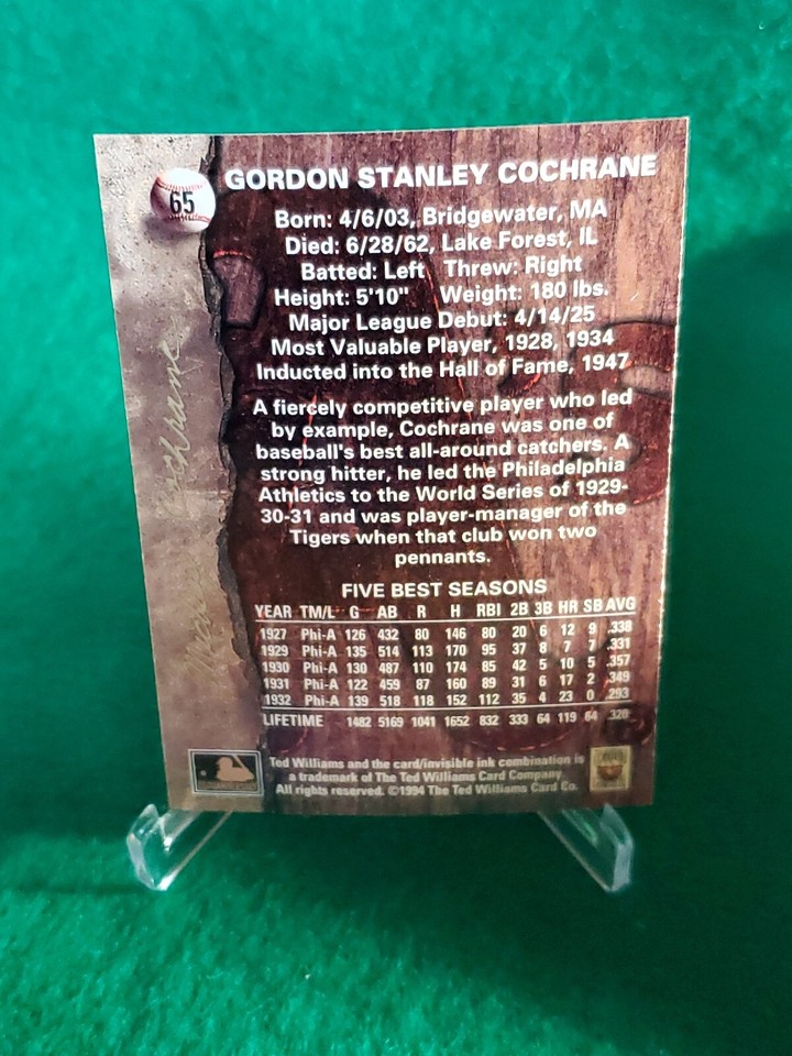 1994 Ted Williams Card Company Mickey Cochrane Gordon Cochrane #65 HOF ...