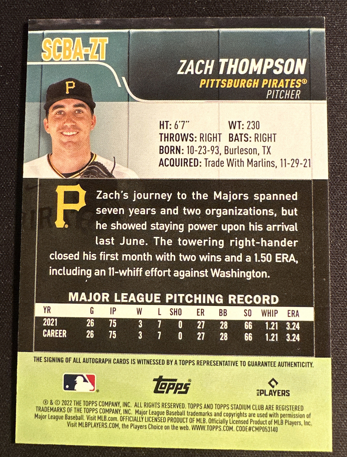 2022 Topps Stadium Club - Autographs #SCBA-ZT Zach Thompson (AU, RC ...