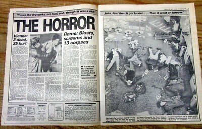 1985 display newspaper 19 dead ROME VIENNA AIRPORT MASSACRES by Arab ...