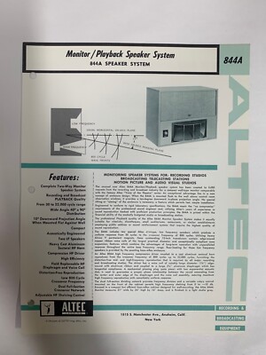 Original Vtg Altec 844A Monitor Playback Speaker System Specification ...