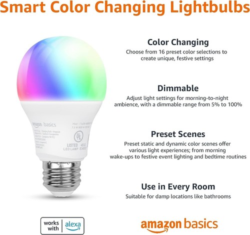 Amazon Basics Smart Light Bulb, A19 LED 60W, 800 Lumens, Color Changing ...