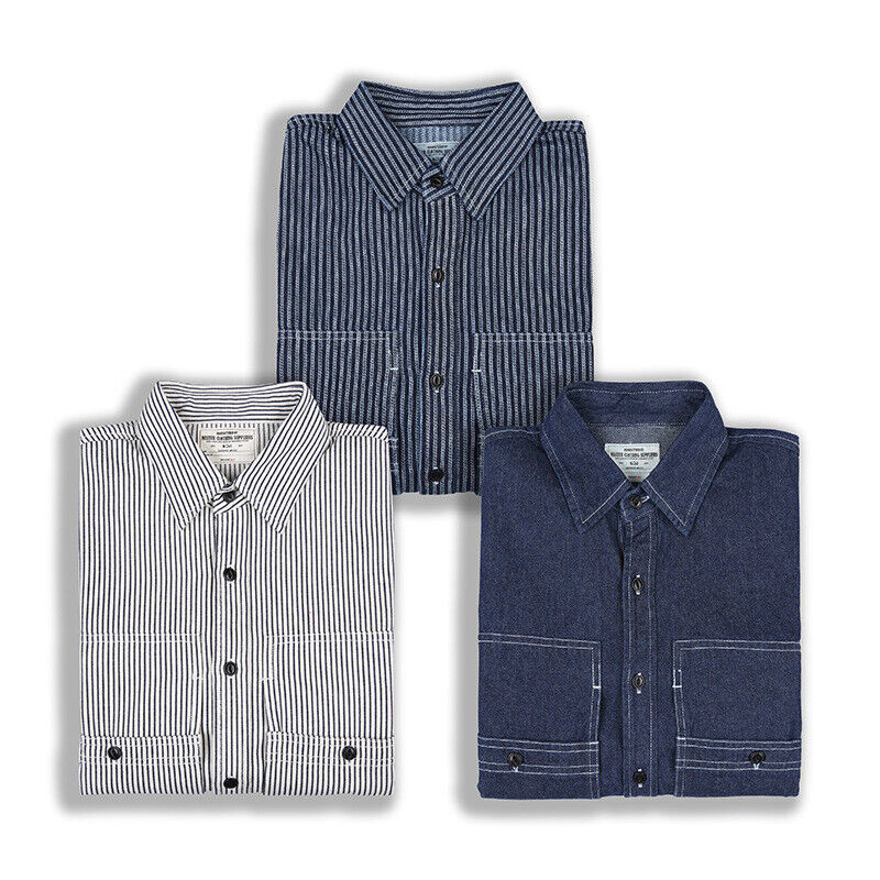 Men Amekaji Western Work Shirt Railway Work Shirt Vertical Striped ...