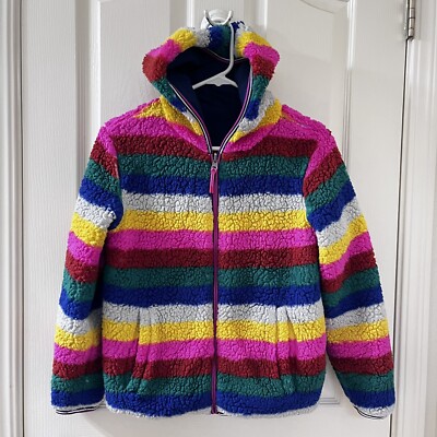 Mini Boden Rainbow Striped Cosy Reversible Fleece Hoodie Jacket Girls ...
