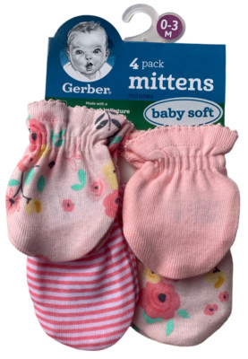 Baby Mittens Gloves Size 0-3 Months (4-Pack ) by Gerber - Pink Floral w Stripes | eBay