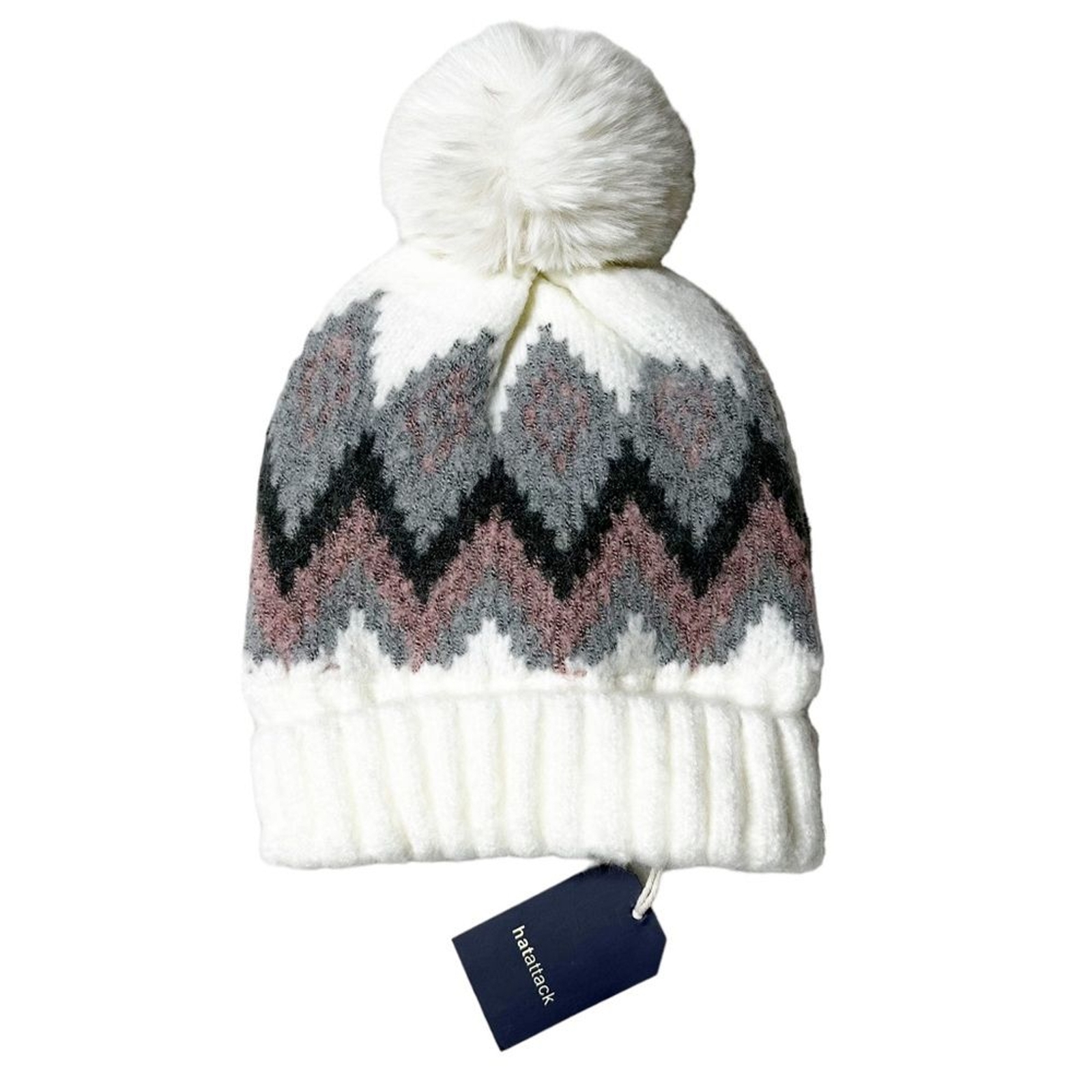 NWT Revolve Hat Attack Fair Isle Pom Cozy Knit Beanie Ivory Women’s OS ...