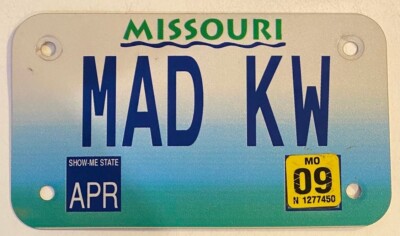 Missouri MOTORCYCLE VANITY License Plate MAD KW | eBay