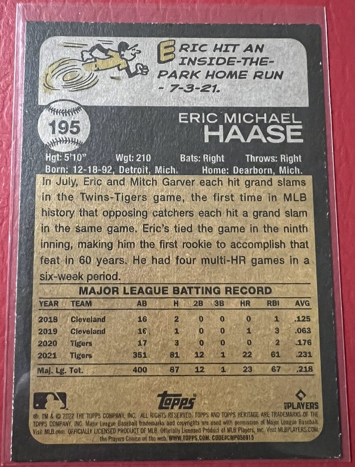 2022 Topps Heritage #195 ERIC HAASE Detroit Tigers | eBay