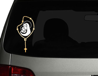 Gold Catholic Rosary Beads w/ Mother Mary Baby Jesus Vinyl Car Decal ...