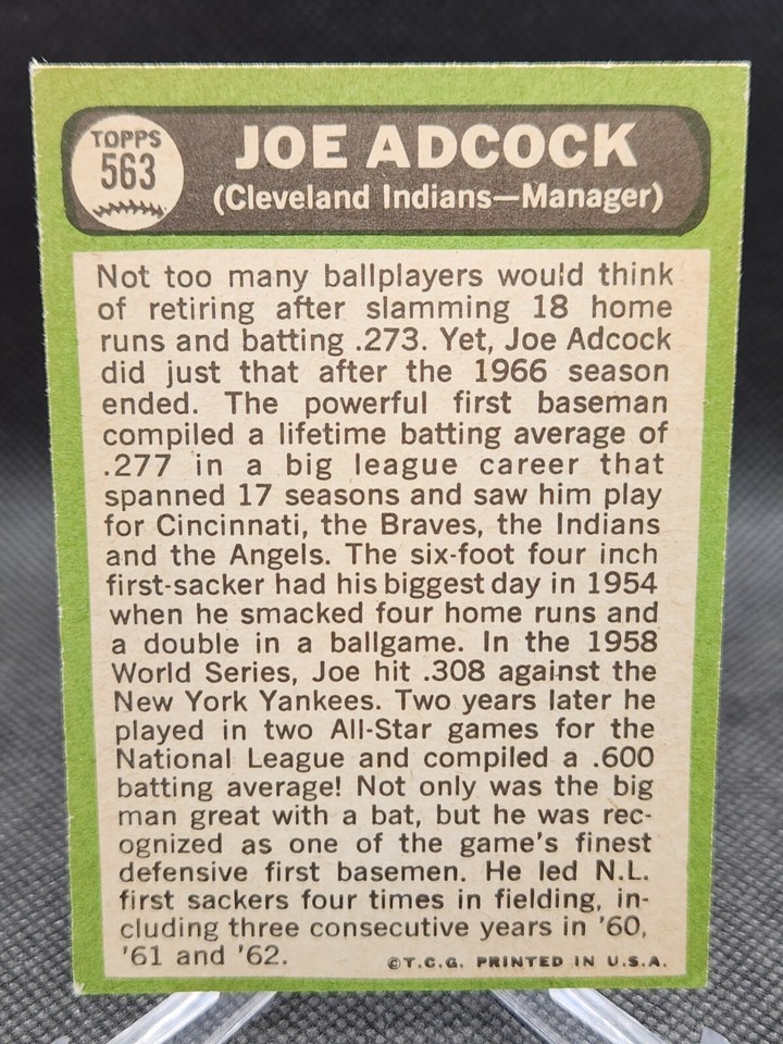 1967 Topps High Number SP #563 Joe Adcock Cleveland Indians Baseball ...