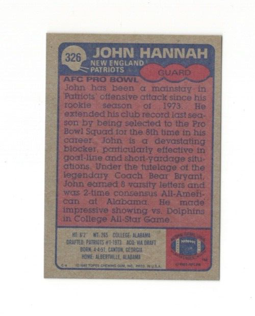1985 Topps Football John Hannah Card #326 ~ New England Patriots ~ NM ...