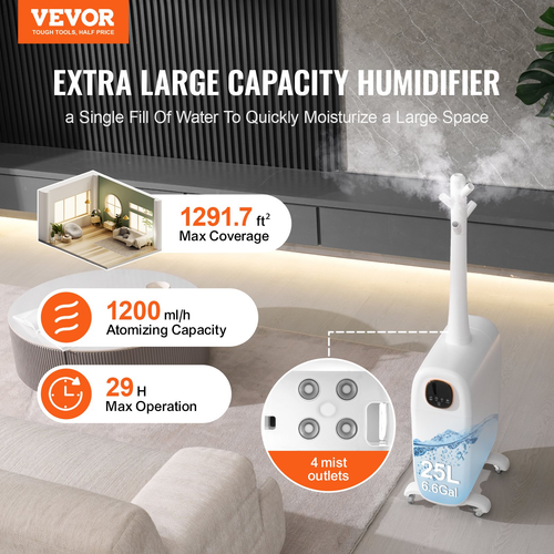 VEVOR Commercial Humidifier 6.6 Gal Cool Mist for Up To 1291.7 Sq Ft ...