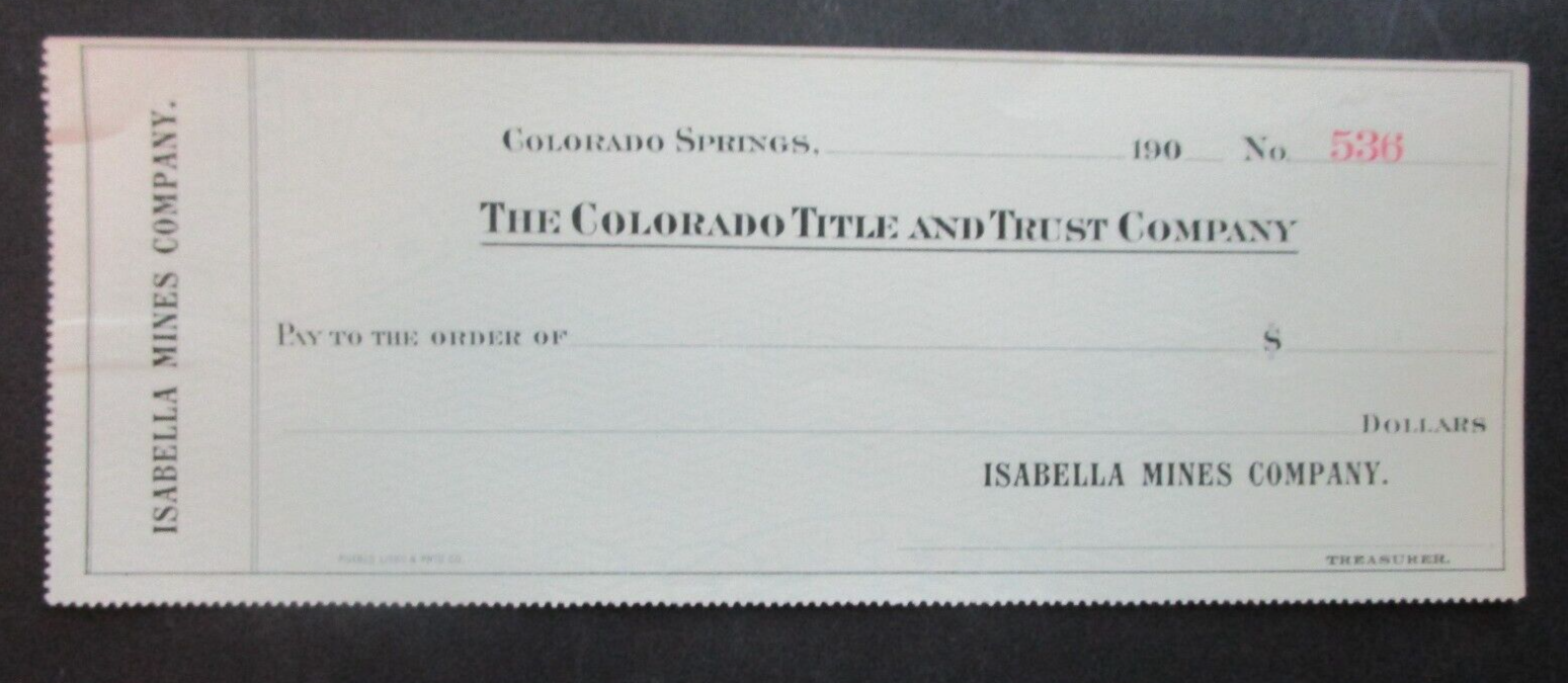 COLORADO SPRINGS, CO. - Bank Check - "Isabella Mines" - 190- - FREE ...