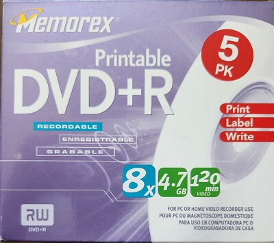 MEMOREX Printable DVD-R 8 X 4.7 GB 120 Min 5 Pack New in box | eBay