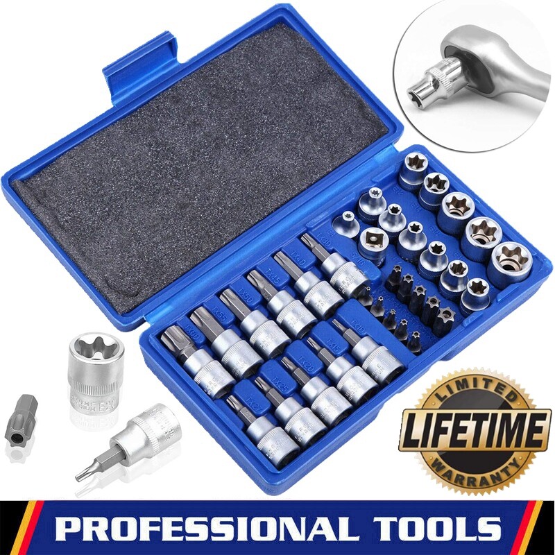 34Pcs Torx Torque Tork Star Bits Drive Male Female 3/8' Chrome Sockets ...