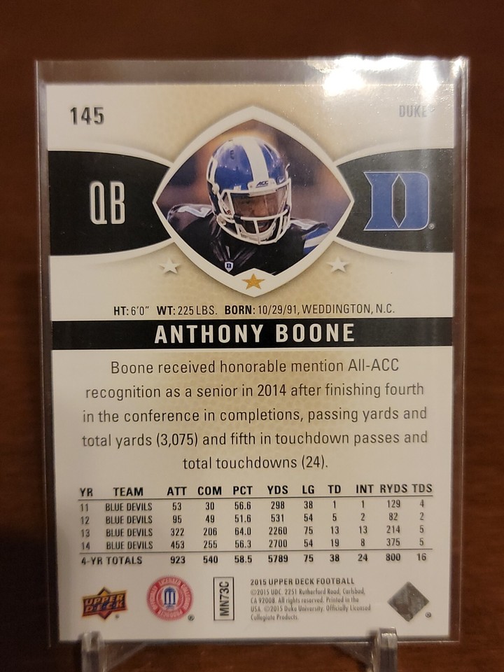 2015 Upper Deck ANTHONY BOONE #145 RC - Duke Blue Devils / Detroit ...