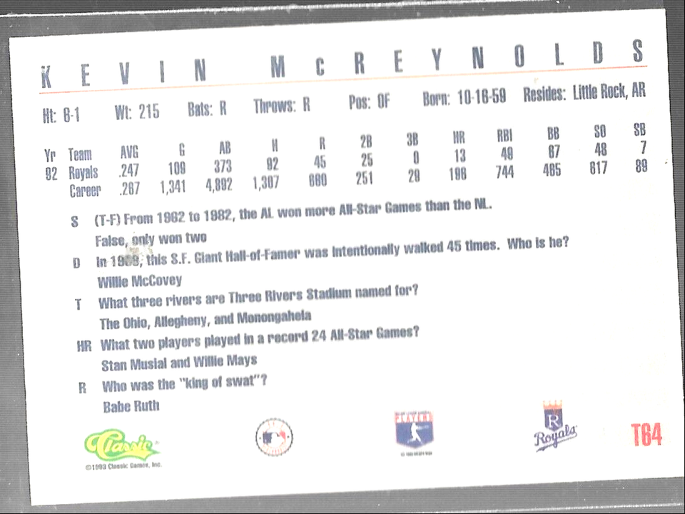 1993 Series Classic Kevin McReynolds T84 Trivia Game Kansas City Royals ...