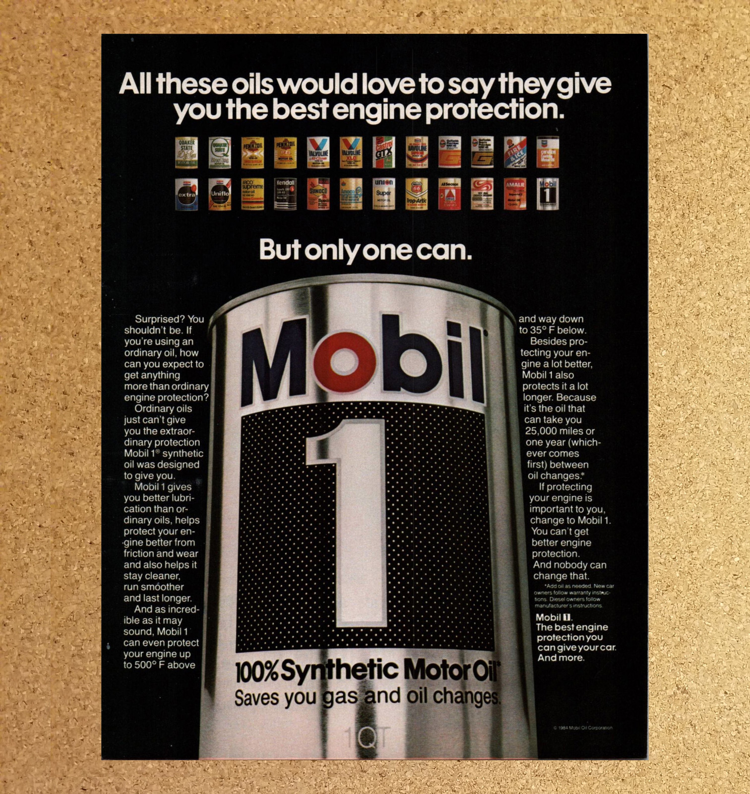 Mobil 1 100% Synthetic Motor Oil Automobile -Vtg Print Ad Ephemera Art ...