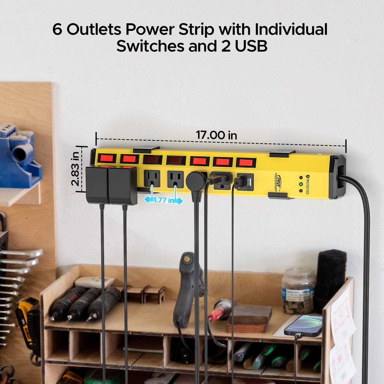 6 Individually Switched Metal Heavy Duty Power Strip with 2 USB, ETL ...