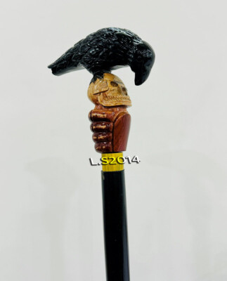 Wooden Walking Cane Fancy Skull & Crow Hand Carved Unique Walking Cane ...