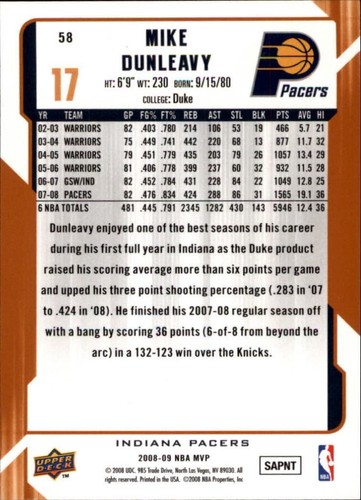 2008-09 Upper Deck MVP Indiana Pacers Basketball Card #58 Mike Dunleavy ...