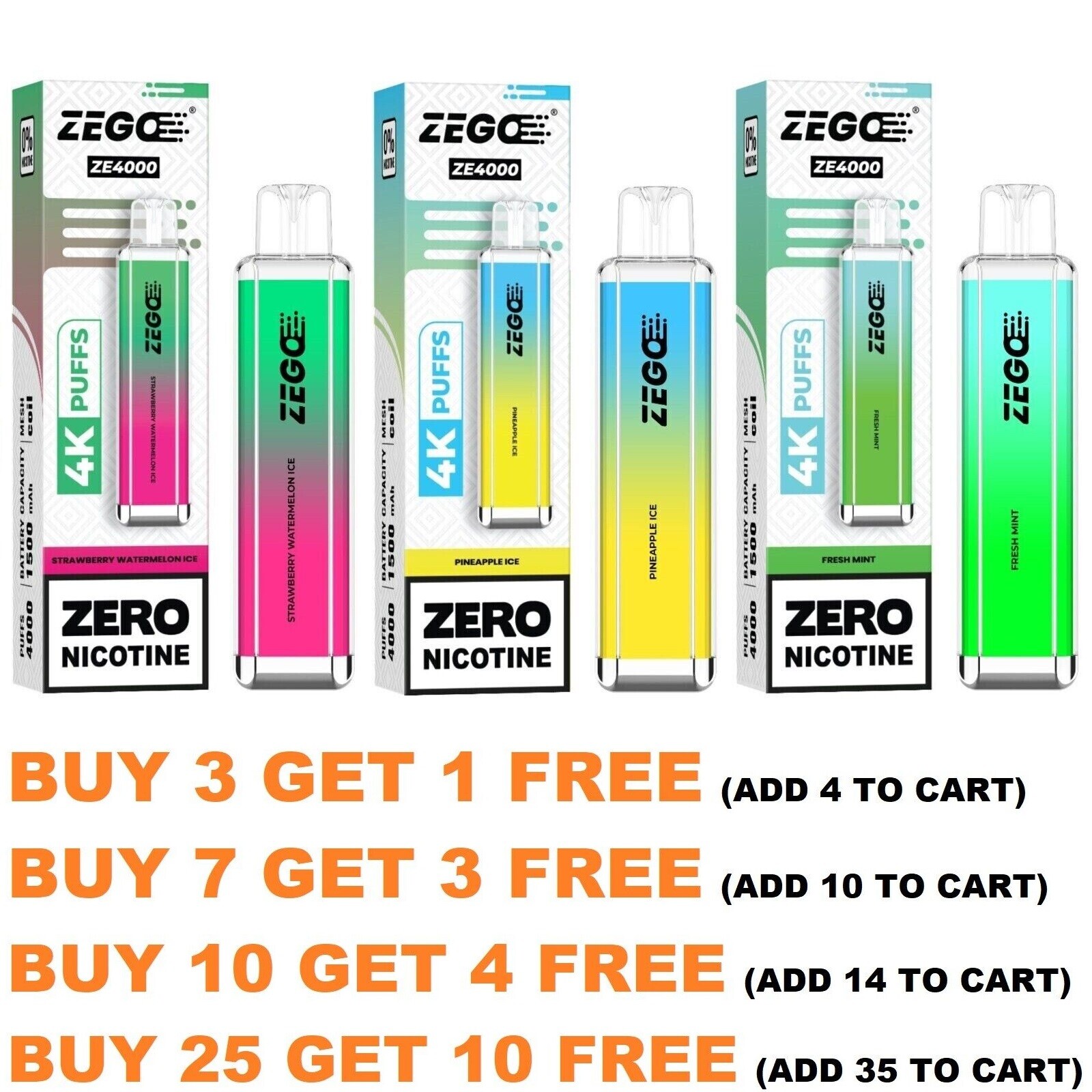 ZEGO ZE 4000 PUFFS DISPOSABLE VAPE NICOTINE FREE E-Cig 0mg 1500mAh - UK ...