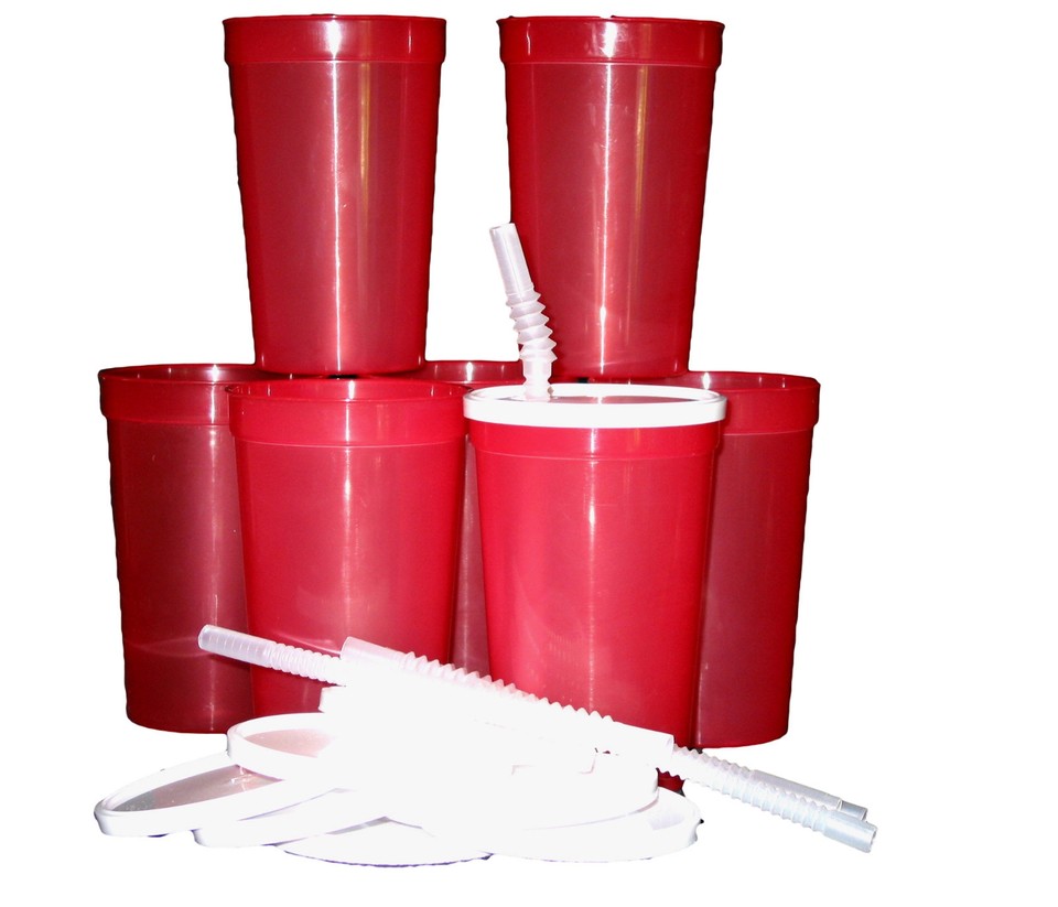 12-Large 20 Oz. Translucent Red Plastic Drinking Glasses Lids Straws ...