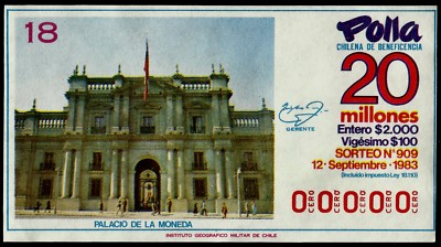 CHILE, LOTTERY TICKET, "POLLA CHILENA", GAME # 909, YEAR 1983, NUMBER ...