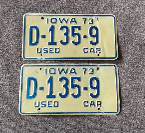 RARE 1973 USED CAR DEALER IOWA LICENSE PLATE PLATES PAIR ALL ORIGINAL ...