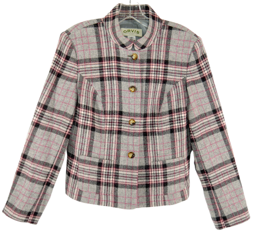 Orvis Blazer Coat Jacket Gray Pink Plaid 4 Button Wool Blend Women's ...