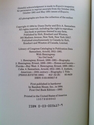 With Hemingway: A Year in Key West and Cuba by Samuelson, Arnold ...
