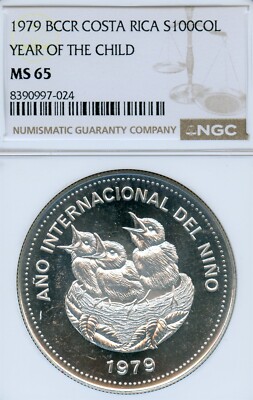 COSTA RICA 100 COLONES 1 OUNCE SILVER CROWN 1979 MS-65 NGC GEM YEAR OF ...