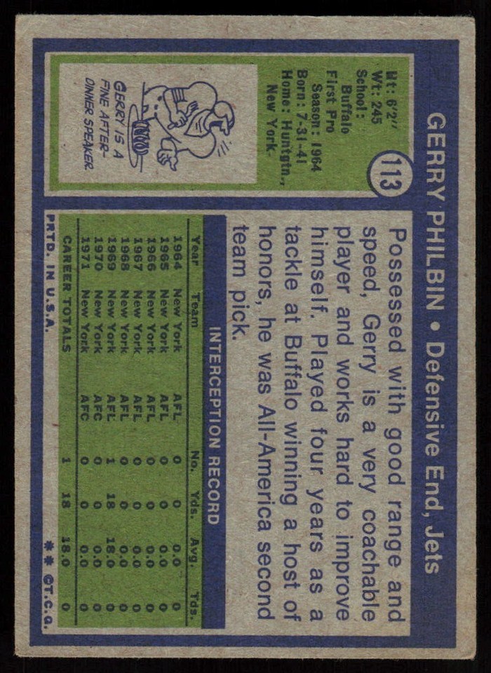 1972 Topps Gerry Philbin #113 FOOTBALL CARD New York Jets | eBay
